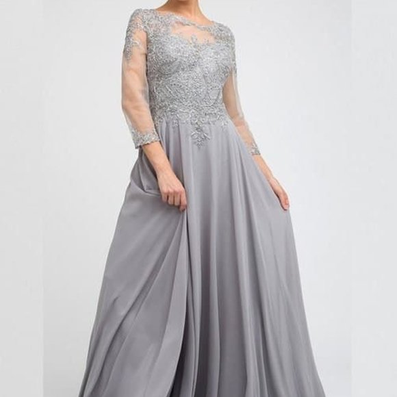Juliet | Dresses | New Silver Mother Of Bride Illusion Neck 34th Sleeve ...